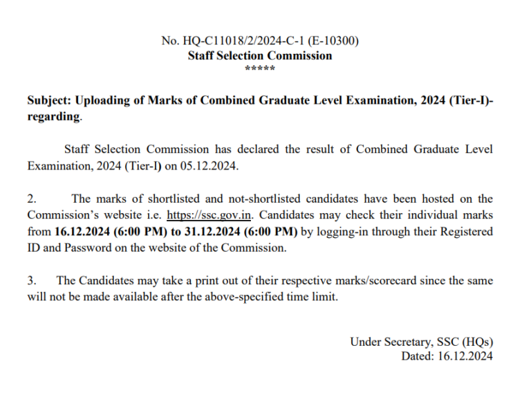 SSC CGL Score Card 2024 Out, Download Tier 1 Marks PDF