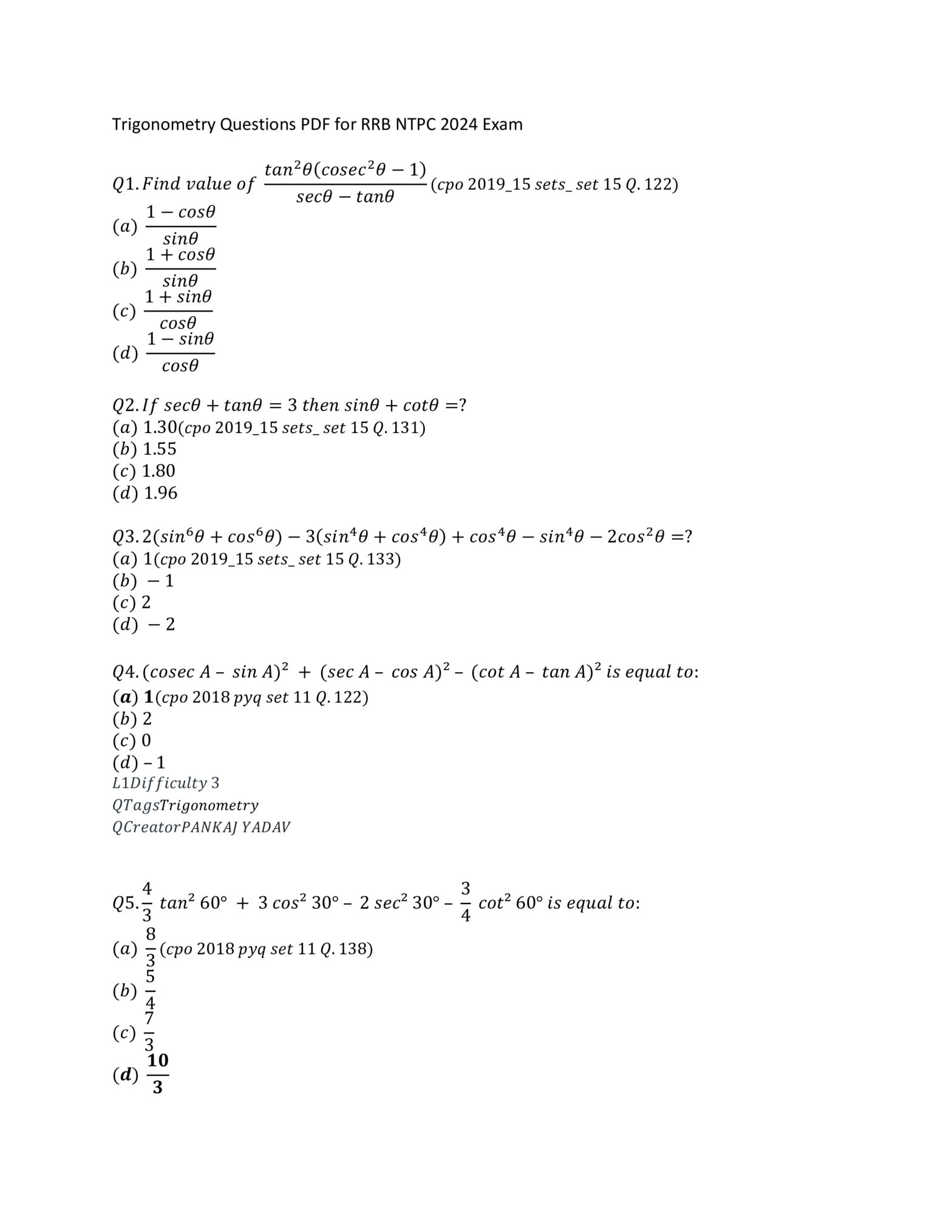 Trigonometry Questions for RRB NTPC 2024 Exam