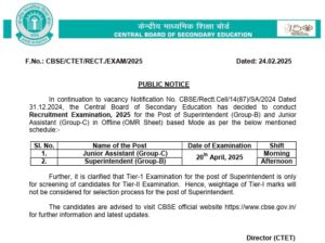 CBSE Recruitment 2025, Check Exam Dates for Superintendent and Junior ...