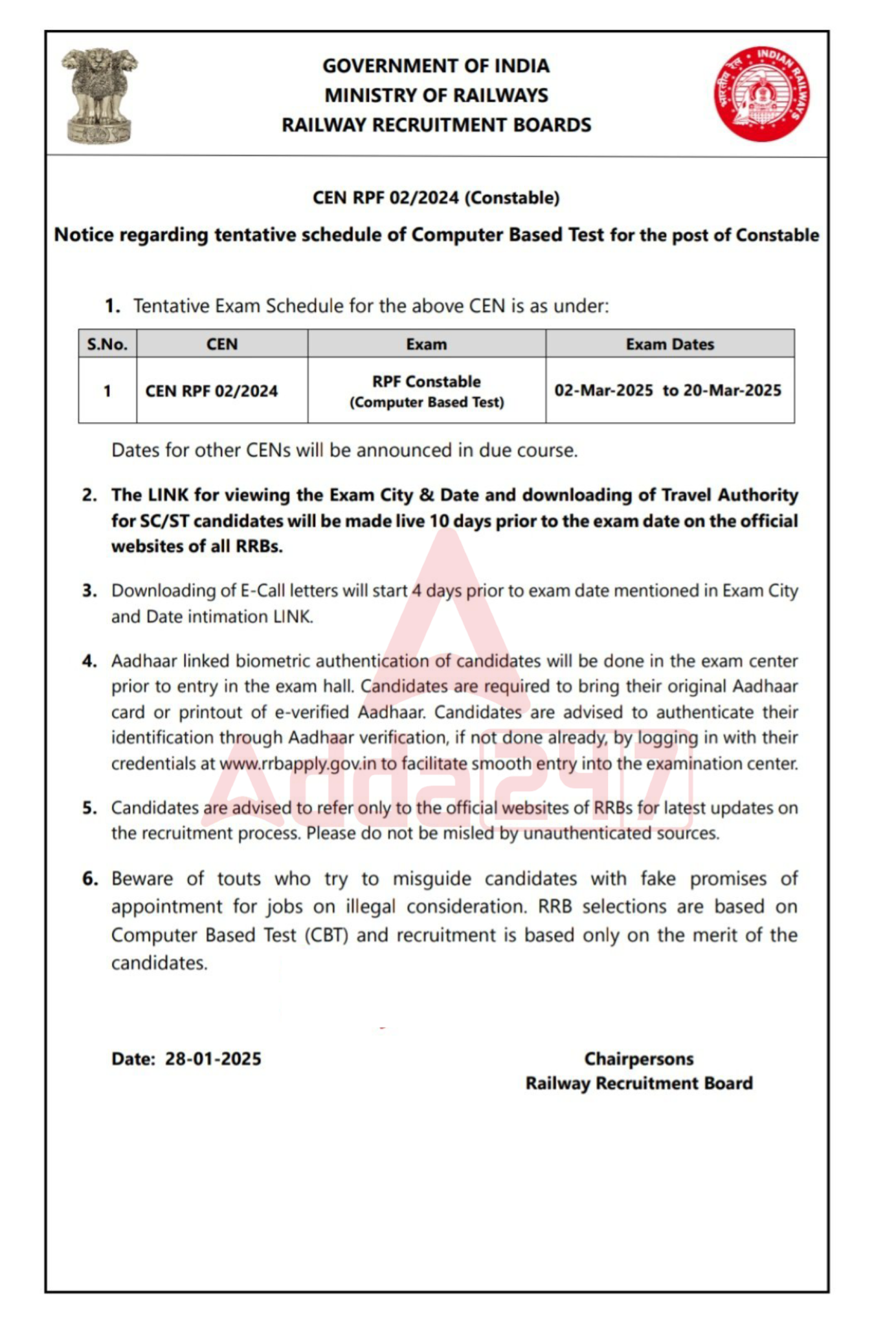 RPF Constable Exam Date 2025, Check Complete Exam Schedule